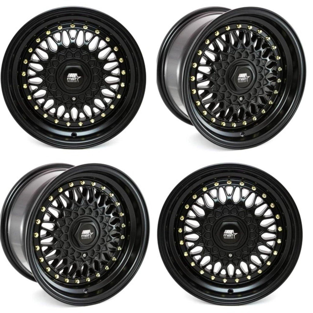 MST MT13 4x100/4x108 15x8.0 20 73.1 Matte Black w/Gold Rivets (SET OF ...