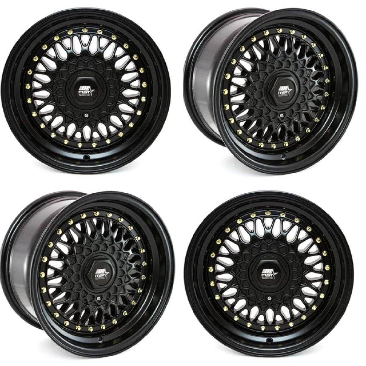 MST MT13 4x100/4x114.3 15x8.0 20 73.1 Matte Black w/Gold Rivets (Set o ...