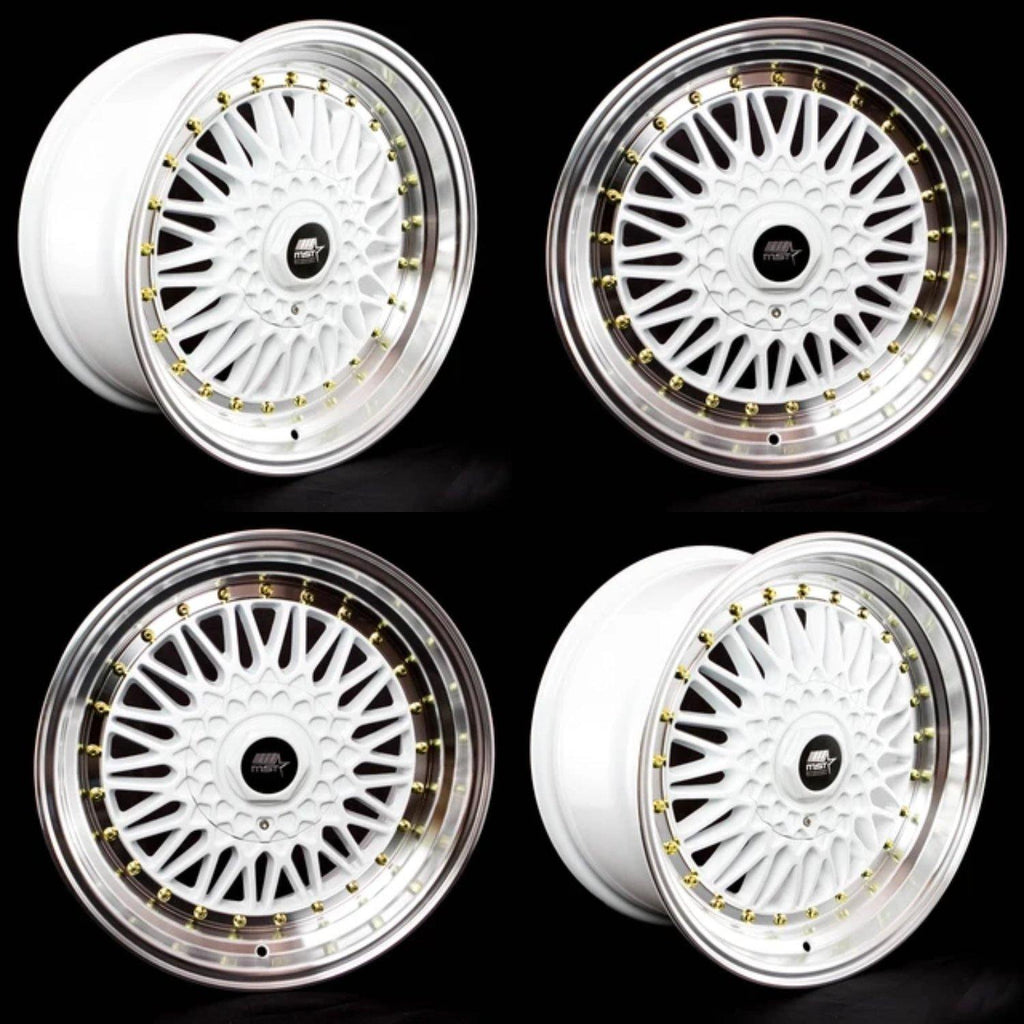 MST MT13 4x100/4x114.3 15x8.0 20 73.1 White w/Machined Lip Gold Rivets ...